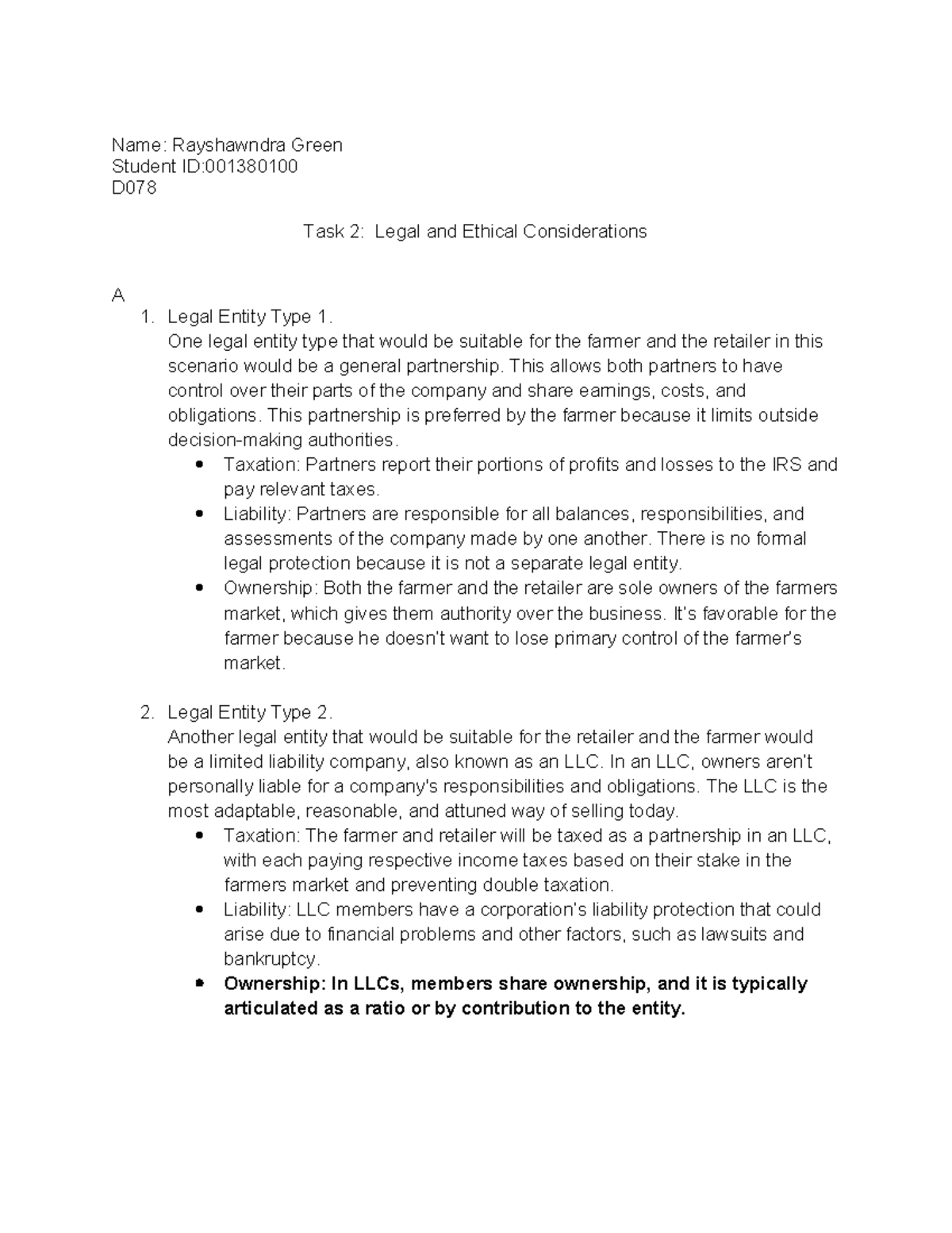 D078 - Task 2: Legal & Ethical Considerations for Partnerships - Studocu