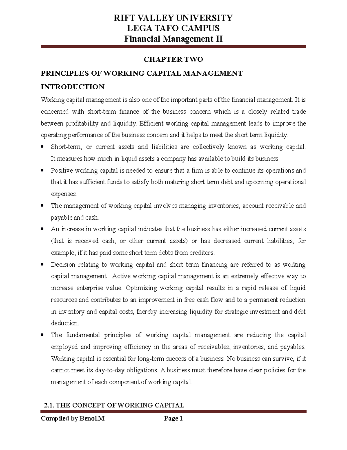 FM-II CH-2 - Benol - LEGA TAFO CAMPUS Financial Management II CHAPTER ...