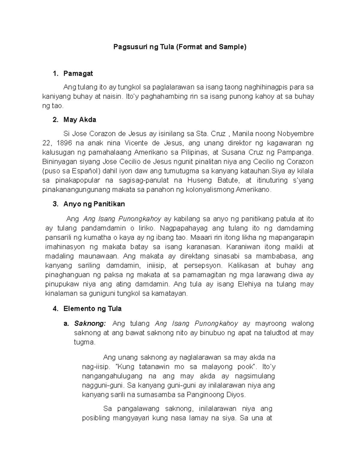 Pagsusuri sa Tulang "Ang Isang Punongkahoy": Format at Halimbawa - Studocu