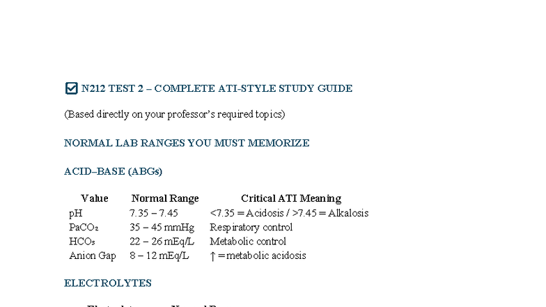 N212 TEST 2 STUDY GUIDE: LAB VALUES & PATHOPHYSIOLOGY NOTES - Studocu