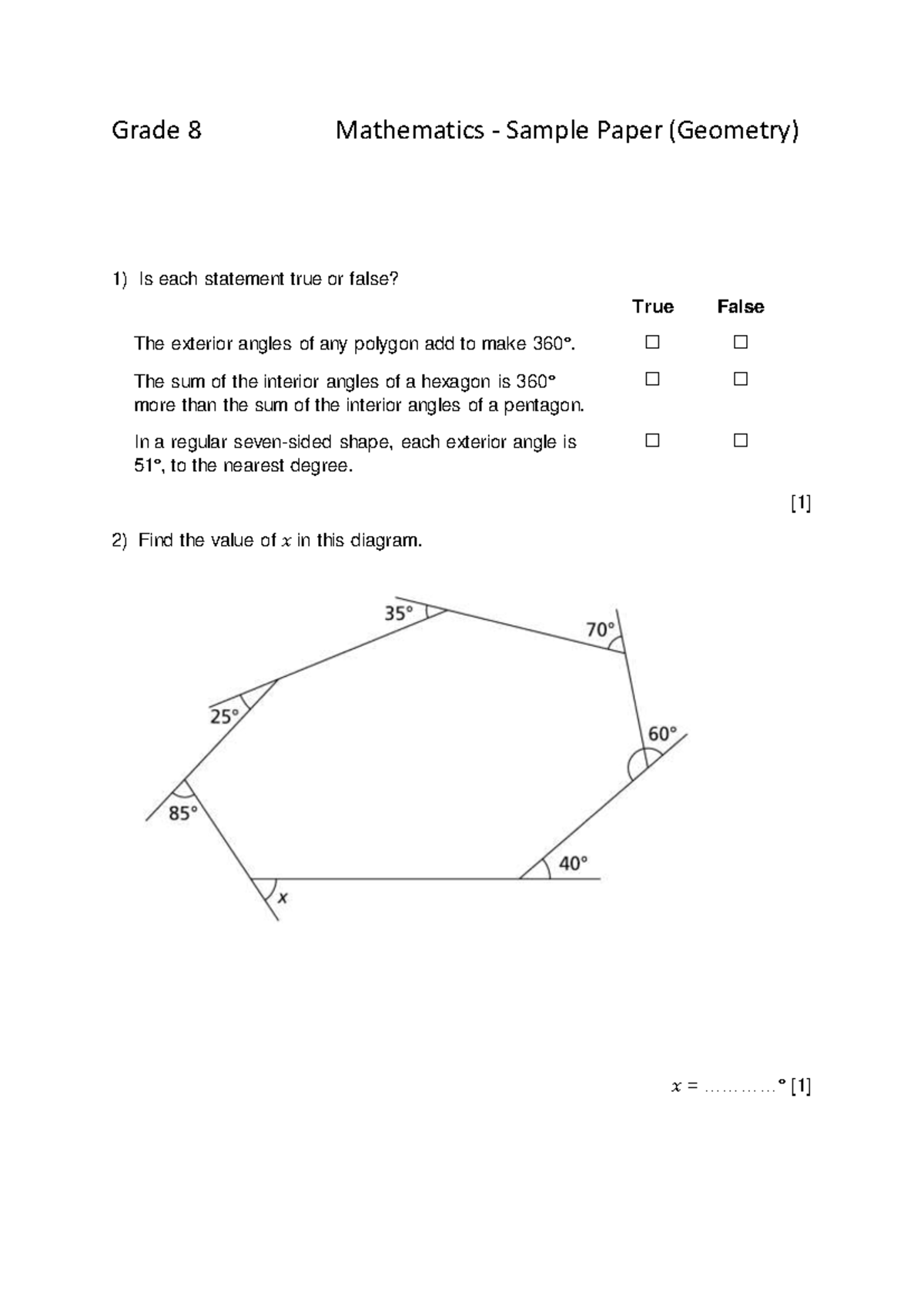 Grade 8 Mathematics Sample Paper (Geometry) - Practice Questions - Studocu
