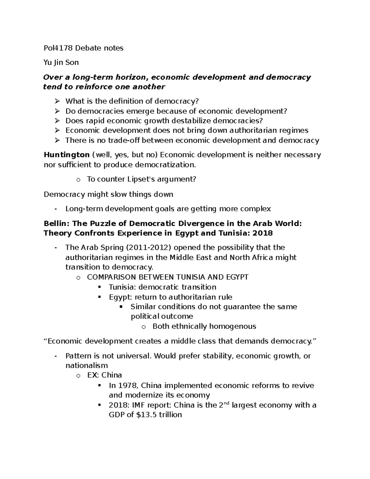 Pol4178 Debate Notes: Economic Development & Democracy Analysis - Studocu