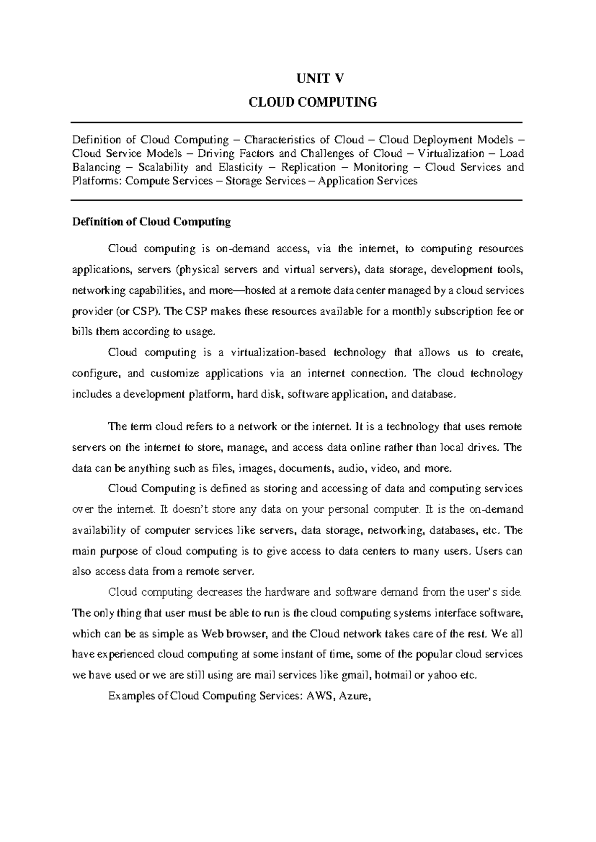 CS3551 Cloud Computing UNIT V - Concepts and Service Models - Studocu