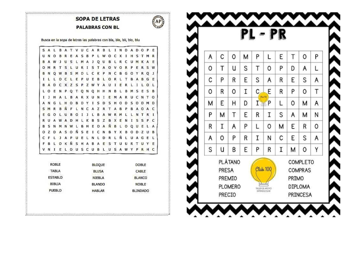 SOPA DE LETRAS: PALABRAS CON BL, PL, PR - TEMA: SÍLABAS - Studocu