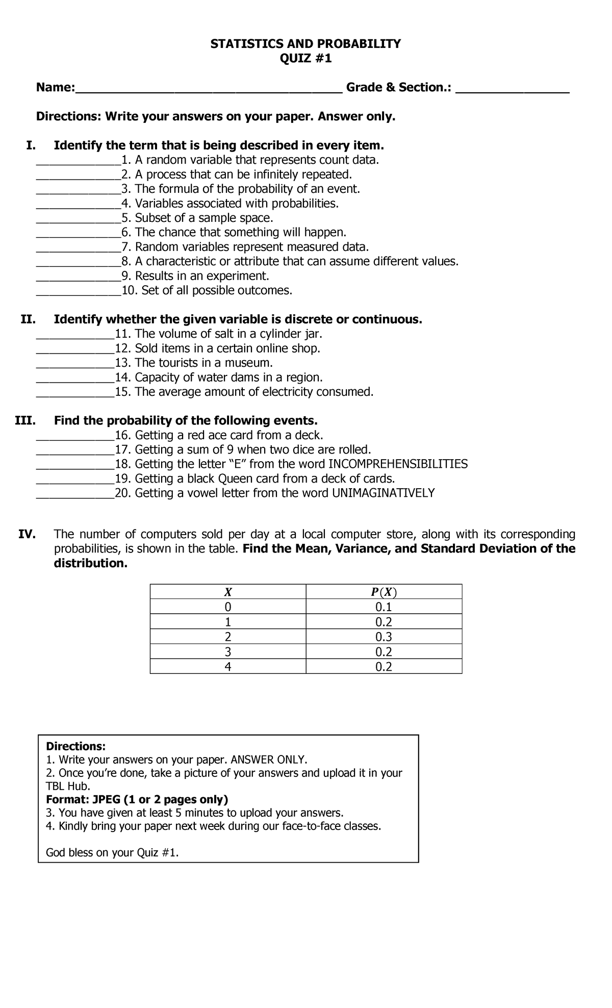 QUIZ 1: Statistics & Probability Concepts and Problems - Studocu