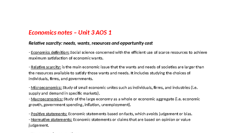 Unit 3 AOS 1 - Economics Notes on Relative Scarcity and Resource ...