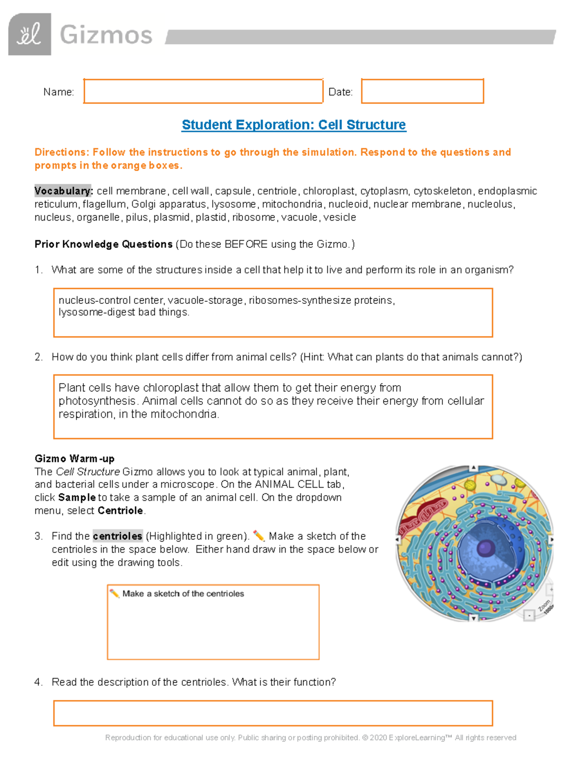 Cell Structure Gizmo - 25 - Name: Date: Student Exploration: Cell ...