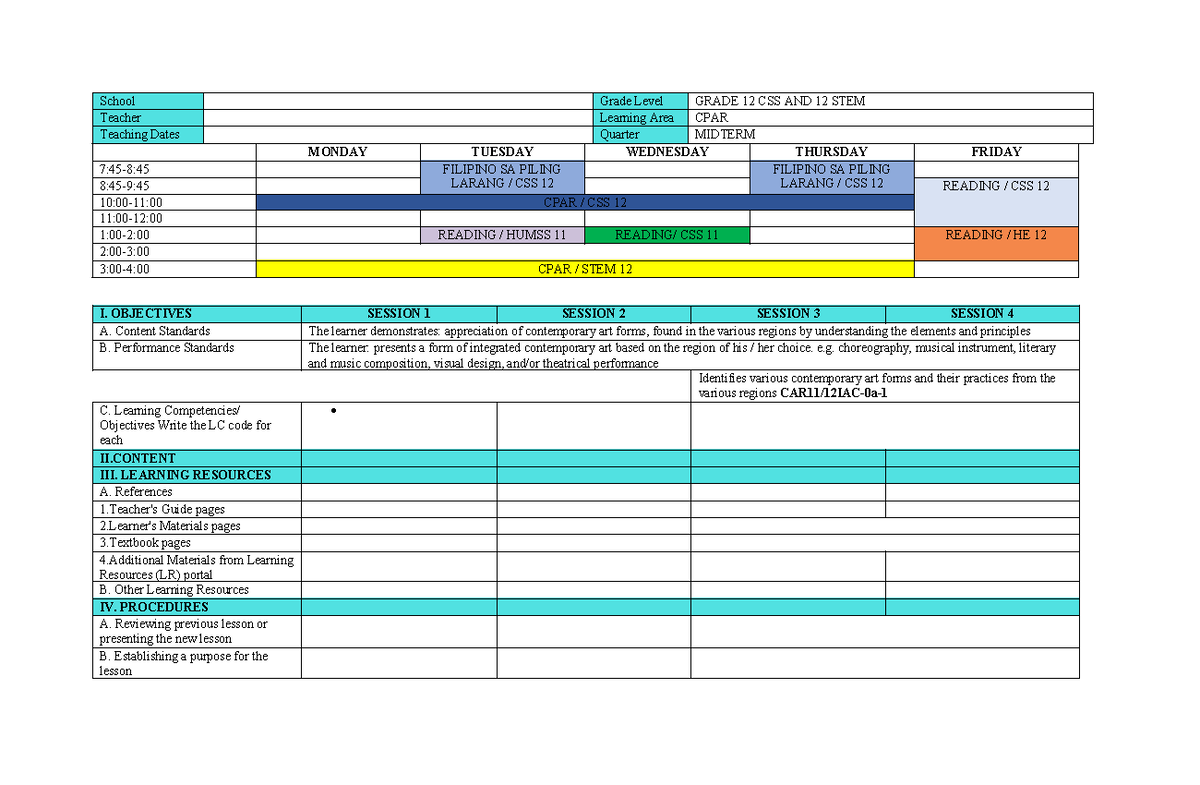 Grade 12 CSS & STEM Midterm Teaching Dates and Objectives - Studocu