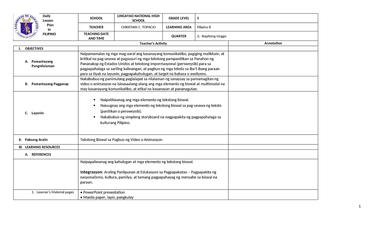 Annotated Lesson Plan for Filipino 8 - Grade 8, Quarter 2 - Studocu