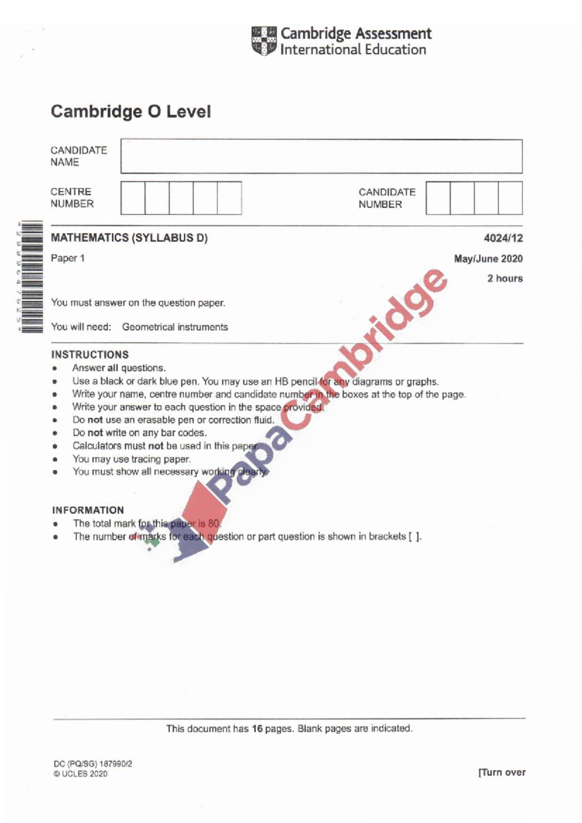 Cambridge O Level Mathematics (Syllabus D) Paper 1 Solutions 2020 - Studocu