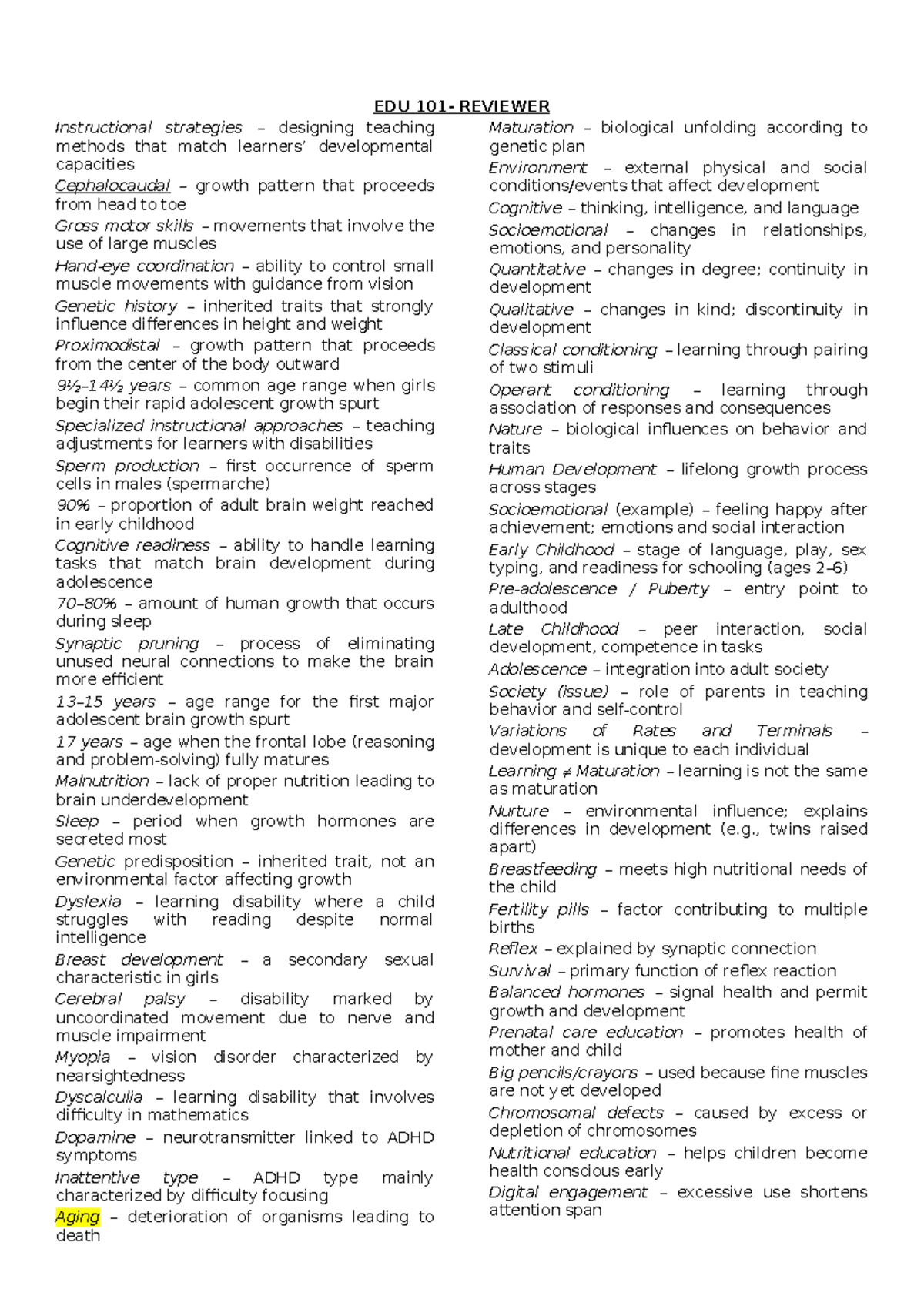 EDU 101 Reviewer - 1st Semester Notes on Human Development and Learning ...
