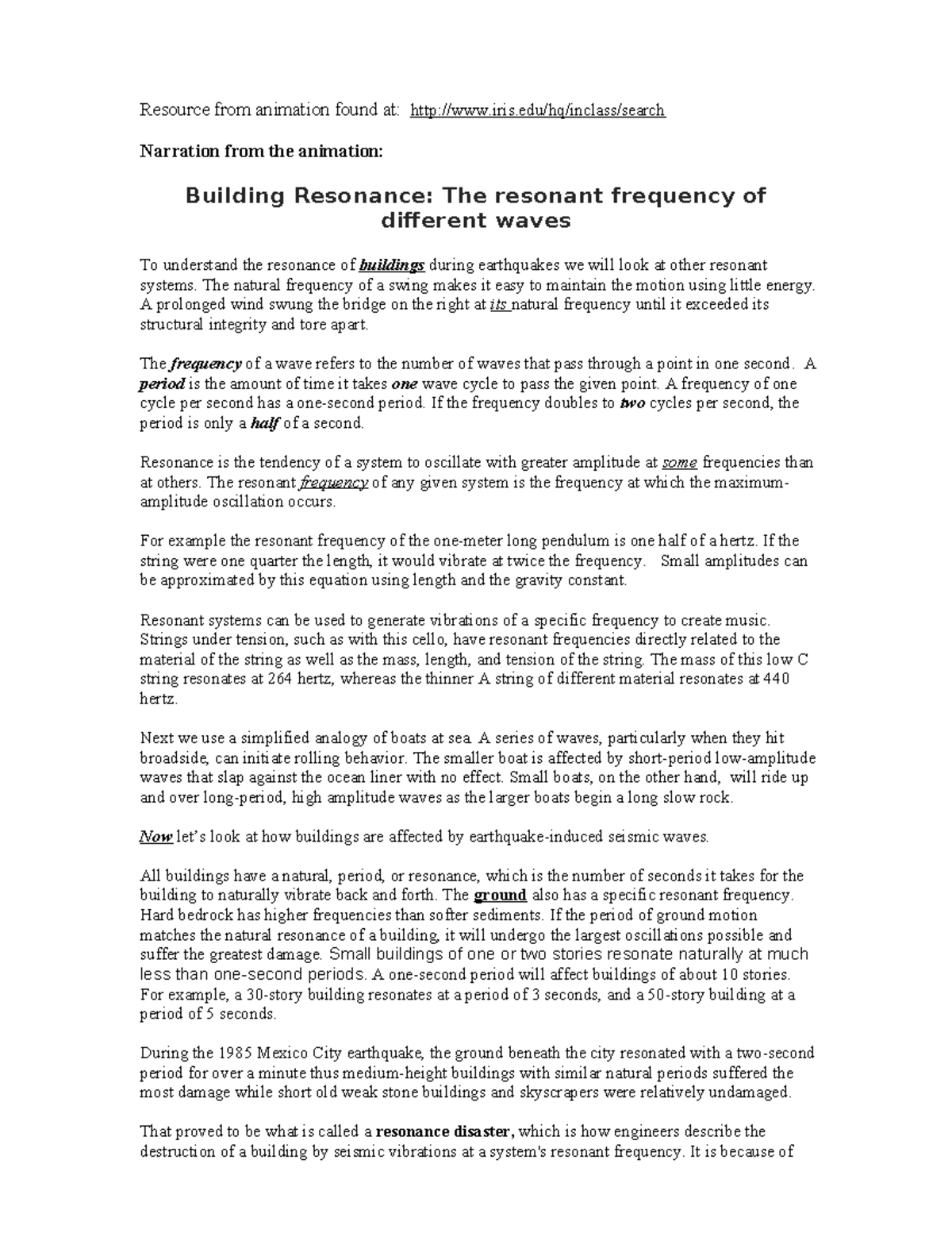 A 004C Resonance: Understanding Building Response to Seismic Waves ...