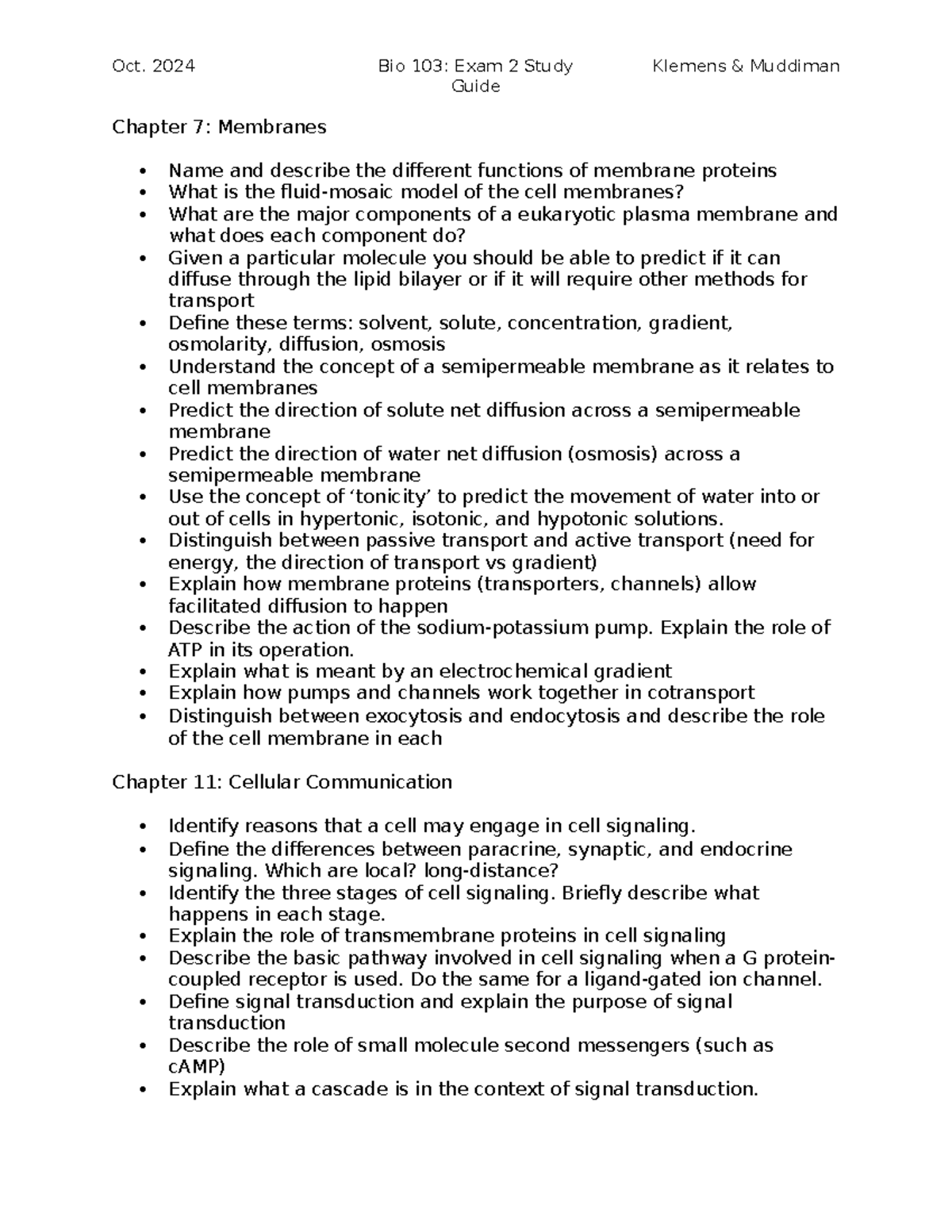 Bio 103: Exam 2 Study Guide - Membrane Proteins & Cell Signaling - Studocu
