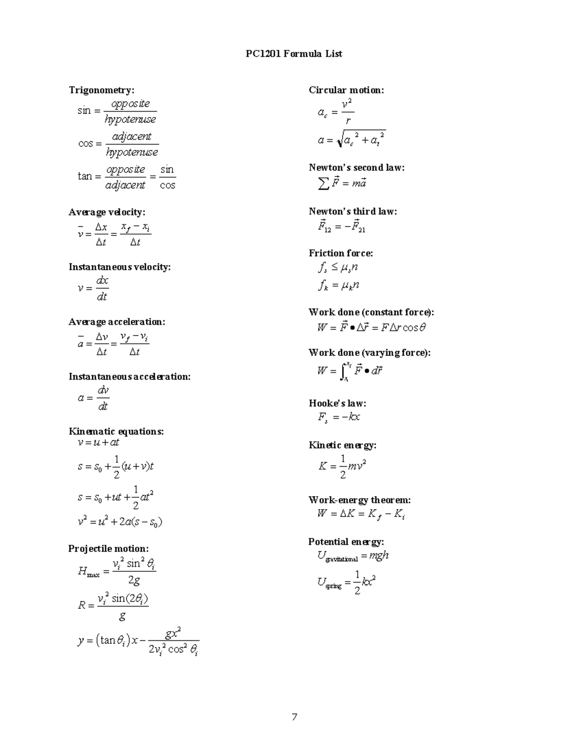 PC1201 Formula List: Circular Motion, Energy, and Electromagnetism - Studocu