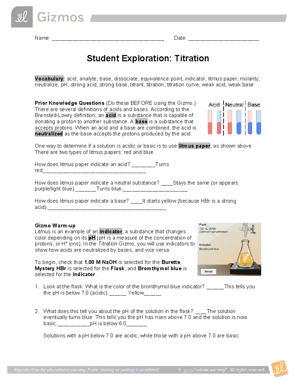 Titration SE: Student Exploration Worksheet for Acids & Bases - Studocu