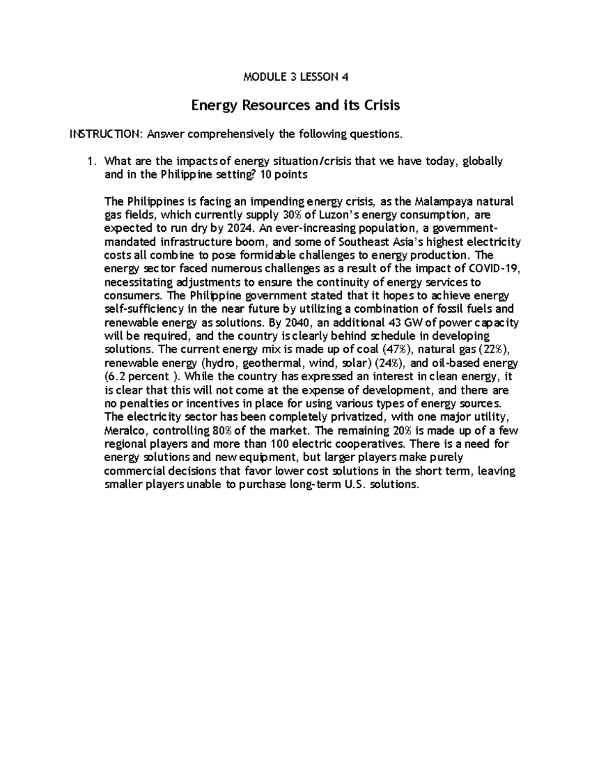Module 3 lesson 4 envi sci - MODULE 3 LESSON 4 Energy Resources and its ...