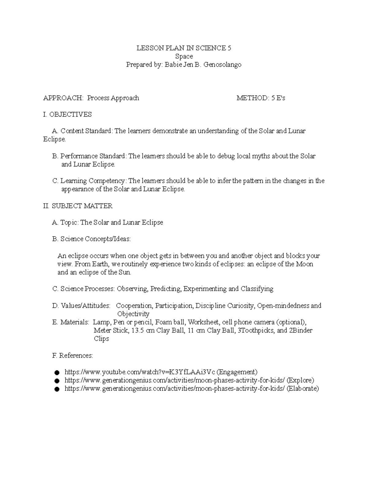 Lesson Plan on Solar and Lunar Eclipses - Grade 5 Science - Studocu