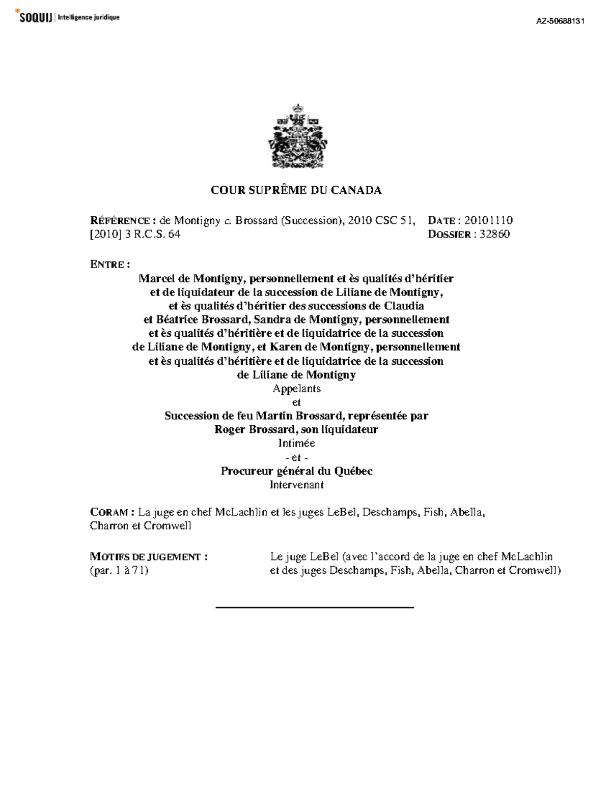 Étude de cas : de Montigny c. Brossard (Succession), 2010 CSC 51 - Studocu