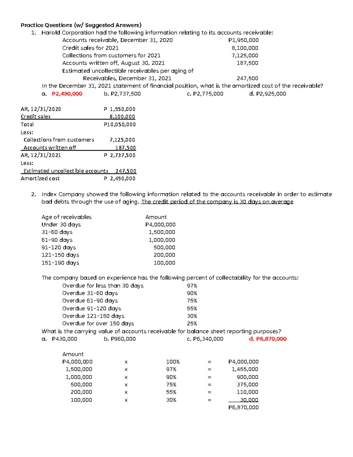 Receivable-AK - Accounts Receivable - Practice Questions (w/ Suggested ...