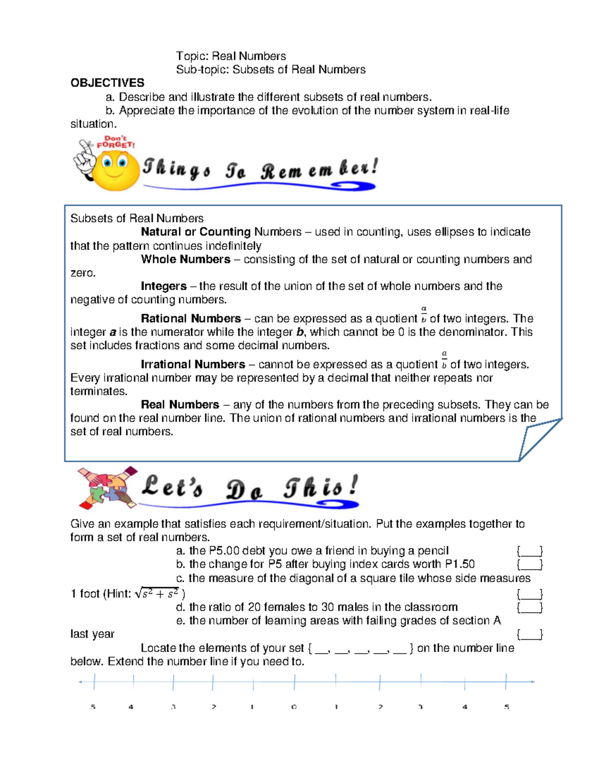Q1 LAA 15 17 - Grade 7 Math Worksheet on Real Numbers and Notation ...