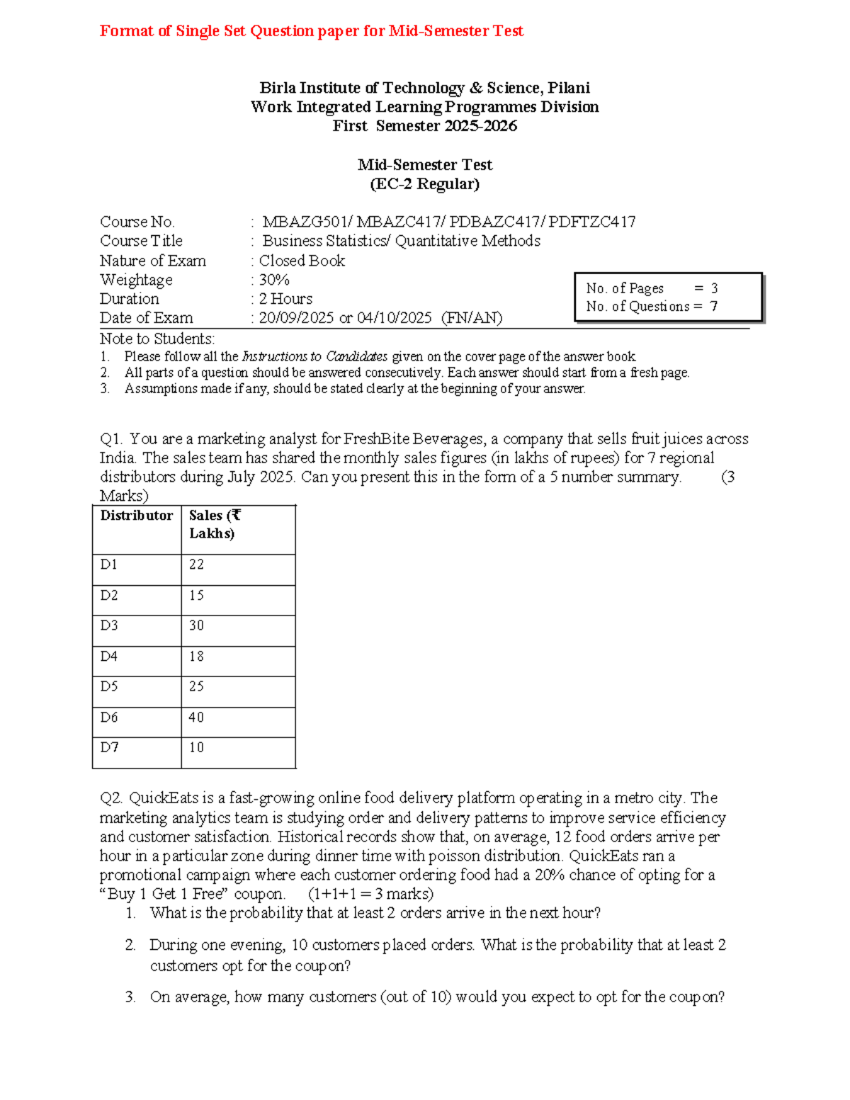 Format of Single Set Question Paper for PDFTZC417: Business ...