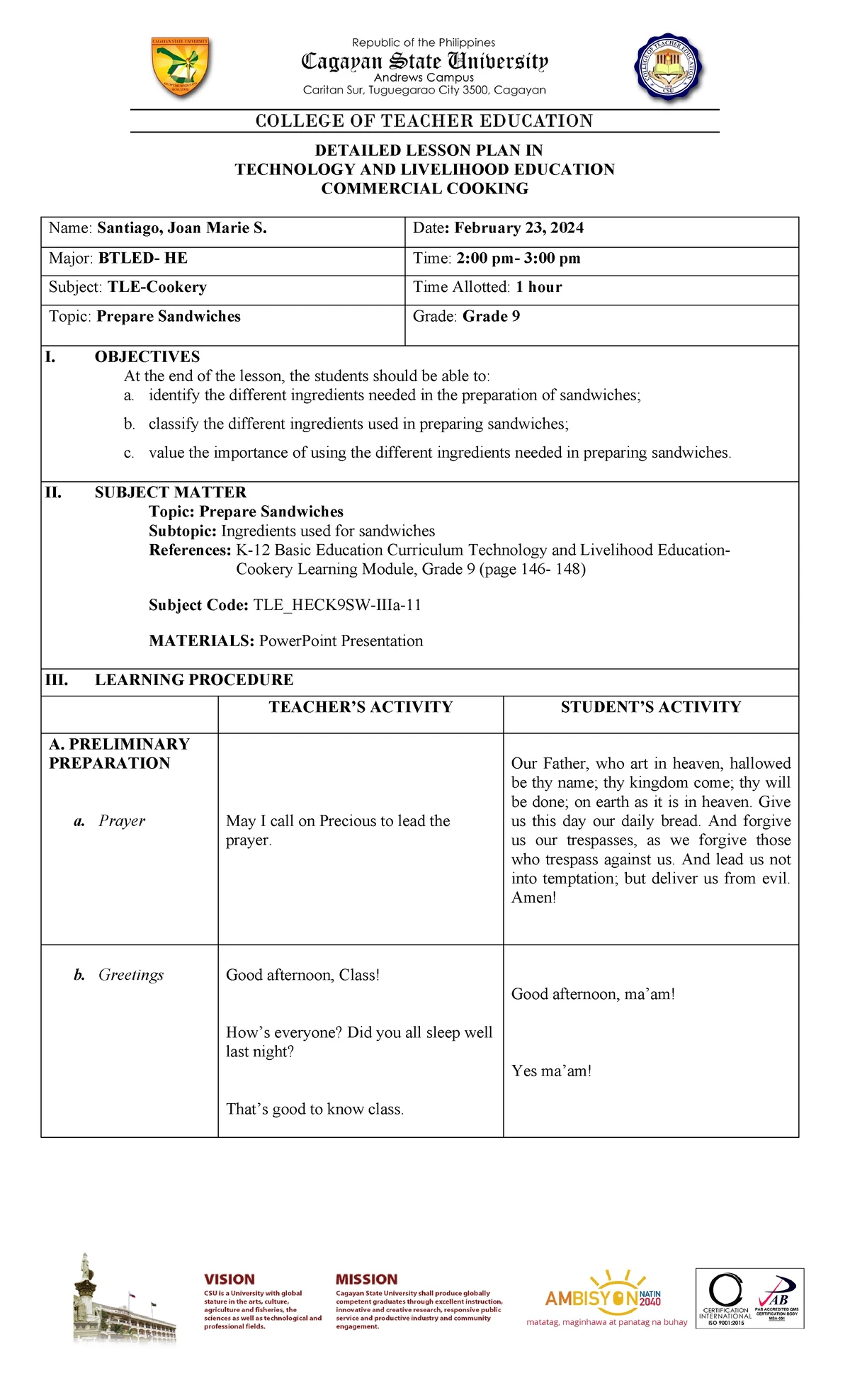 DLP 6: Detailed Lesson Plan on Prepare Desserts (TLE-Cookery, Grade 9 ...
