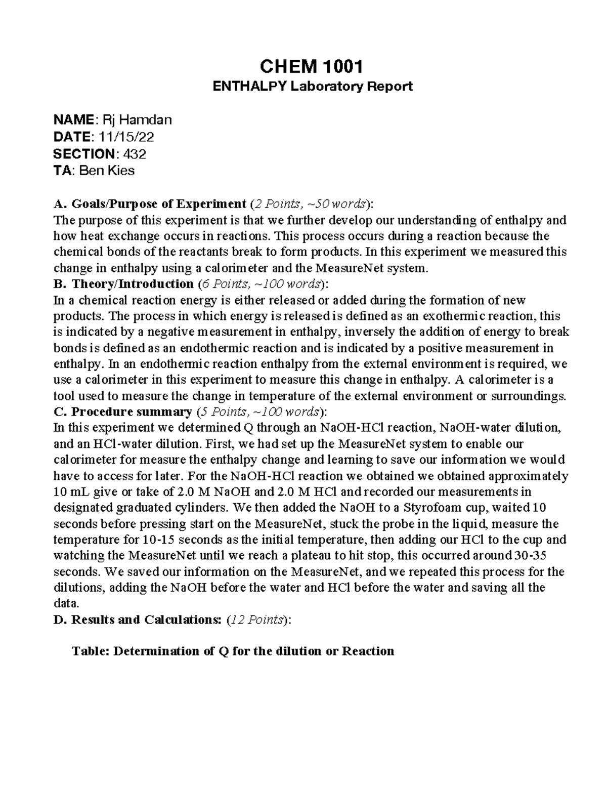 CHEM 1001 Enthalpy Laboratory Report and Analysis - Studocu