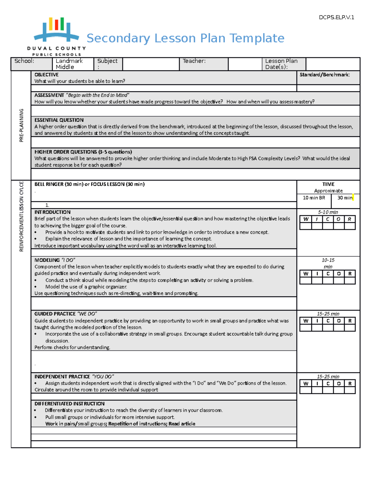 WICOR Lesson Plan Template for Secondary Education (DCPS.ELP.V) - Studocu