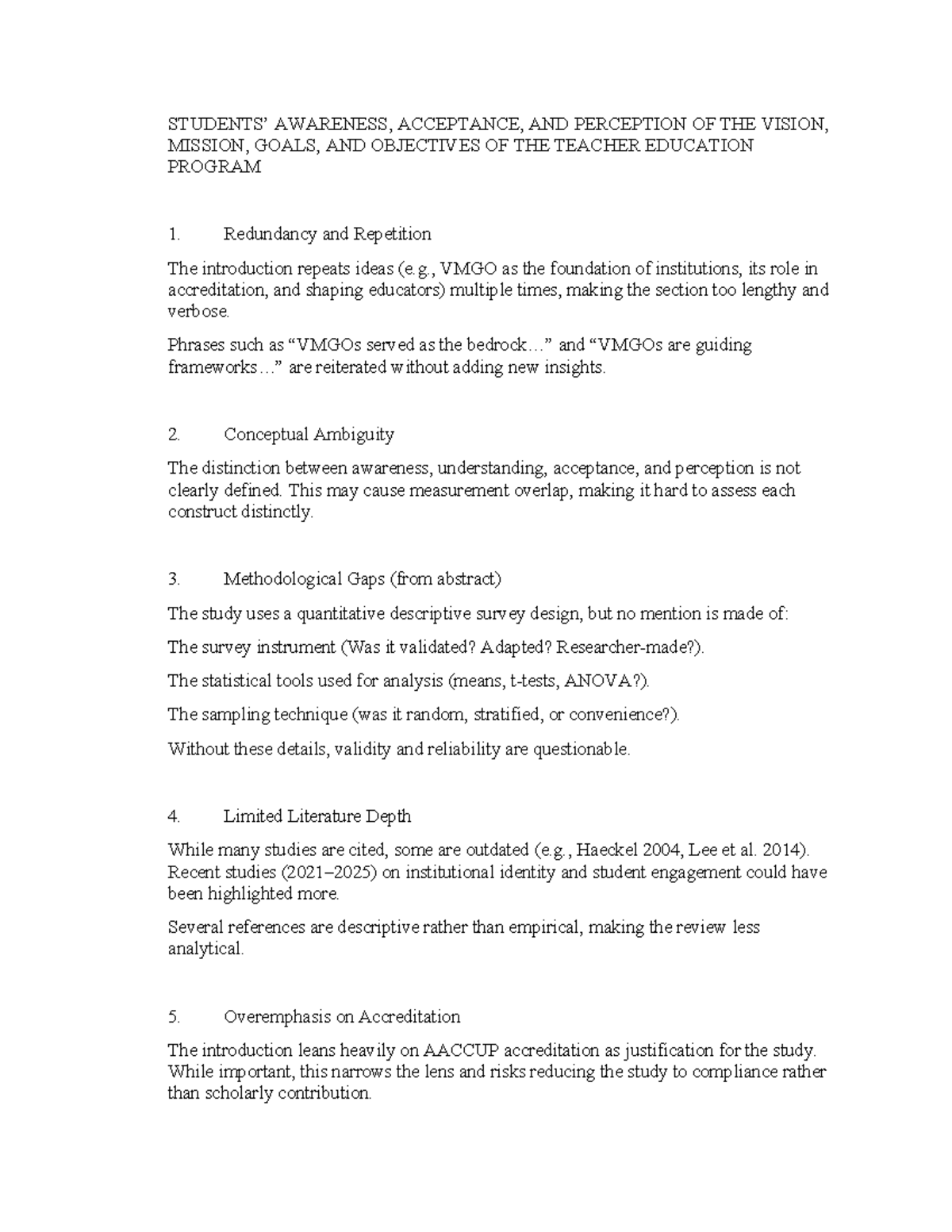 C- Teacher Education Program VMGO Awareness & Perception Review - Studocu