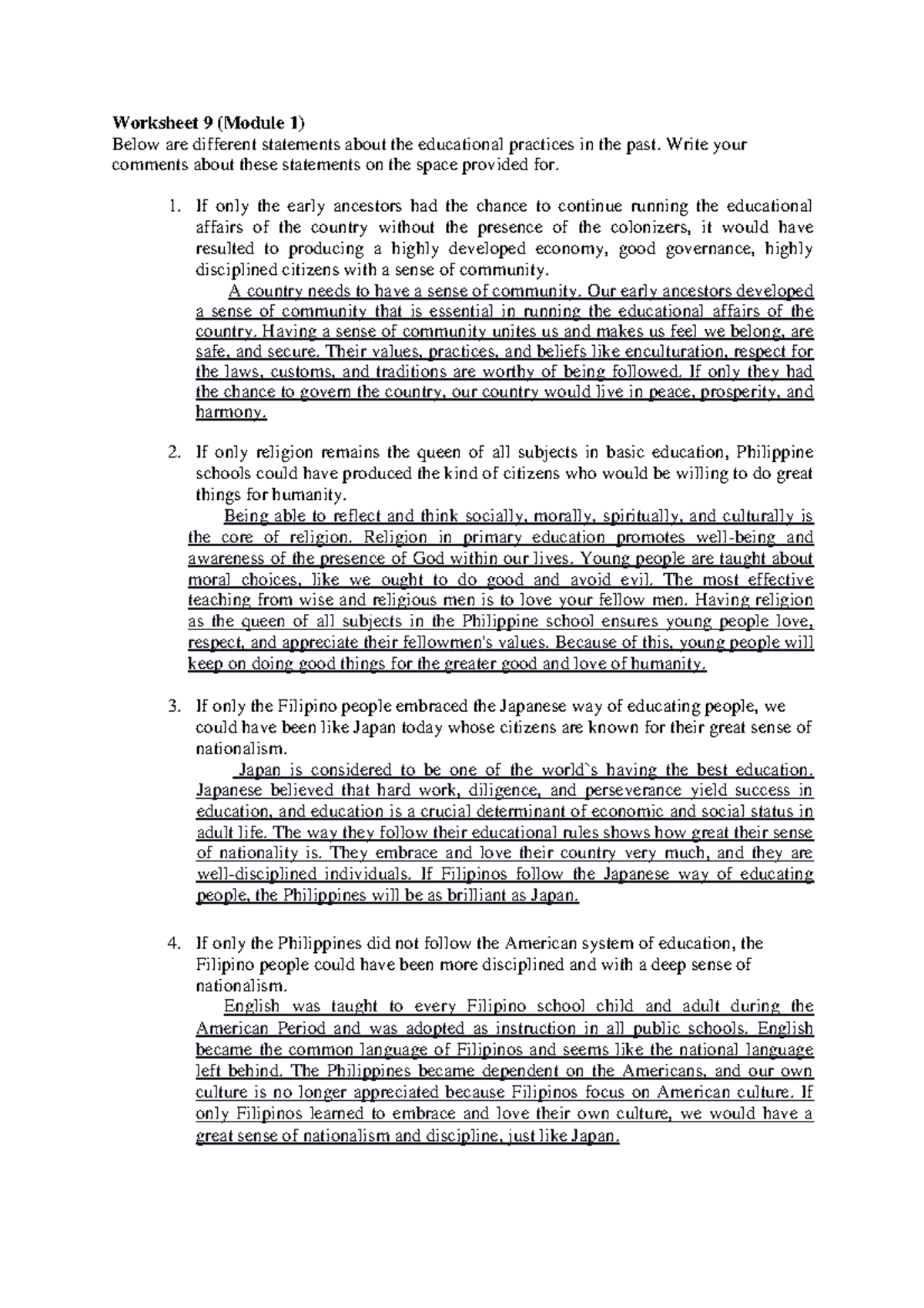 Worksheet 9 (Module 1) - Worksheet 9 (Module 1) Below are different ...