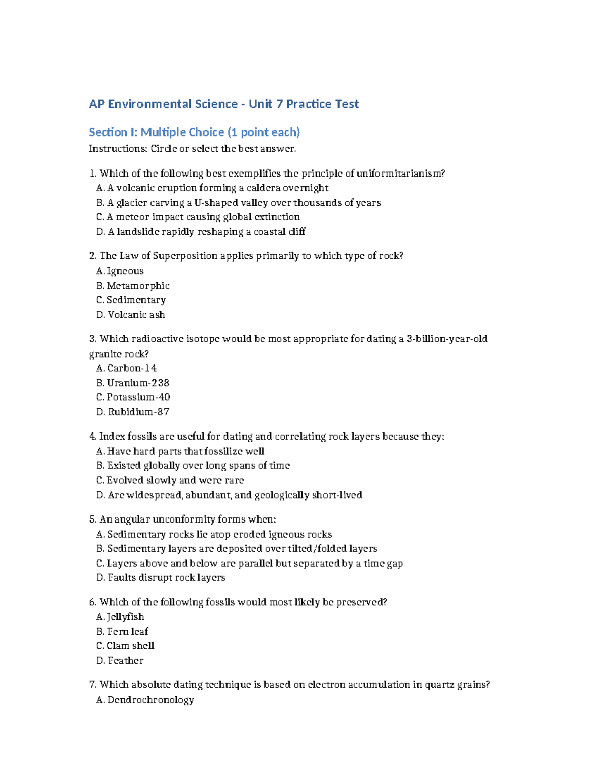 APES Unit 7 Practice Test: Multiple Choice & Short Answer Questions ...