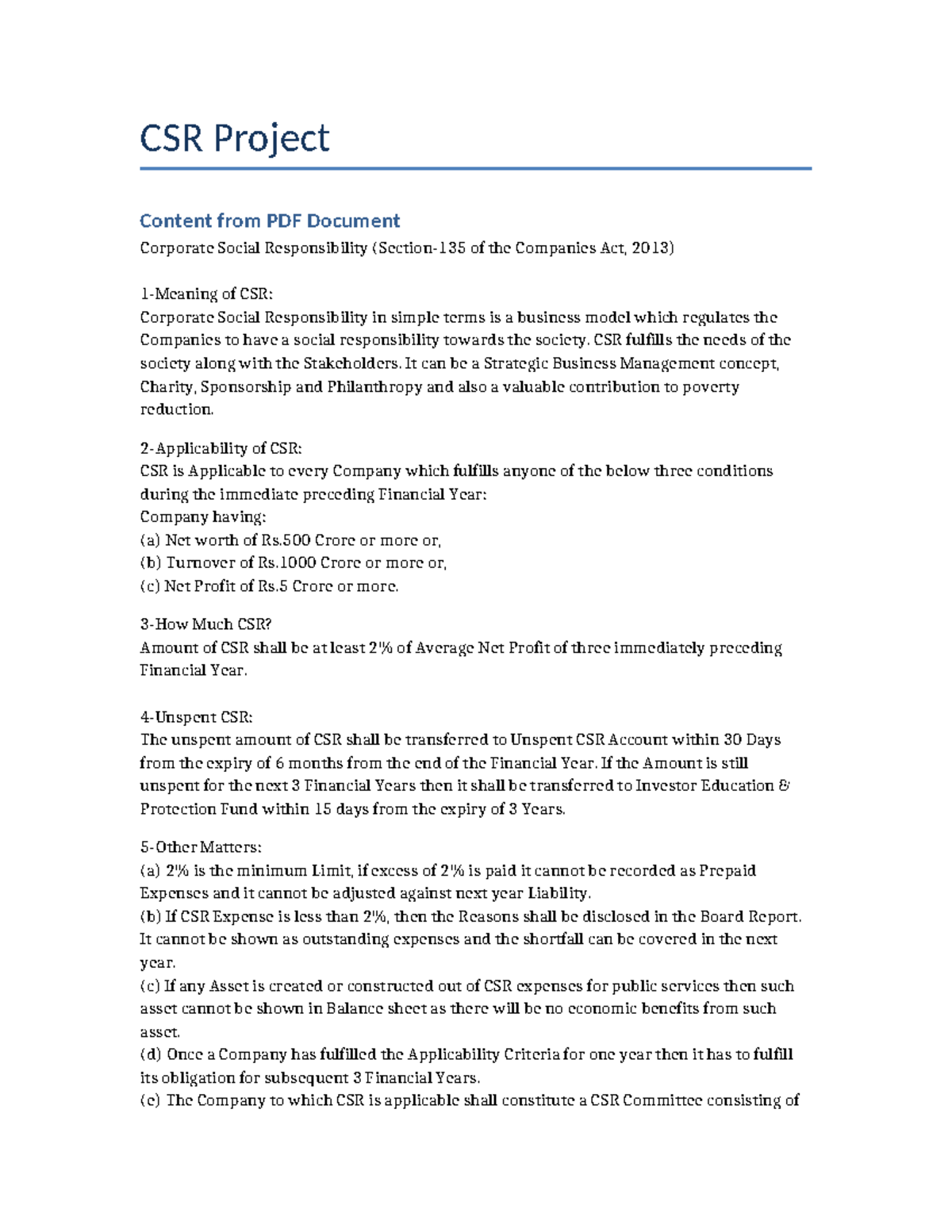 CSR Project: Corporate Social Responsibility Under Companies Act, 2013 ...
