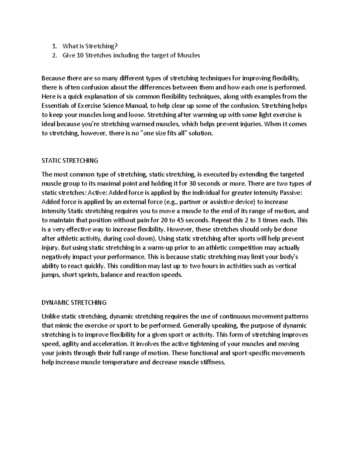 PE 101 - Stretching Techniques and Muscle Targeting Overview - Studocu