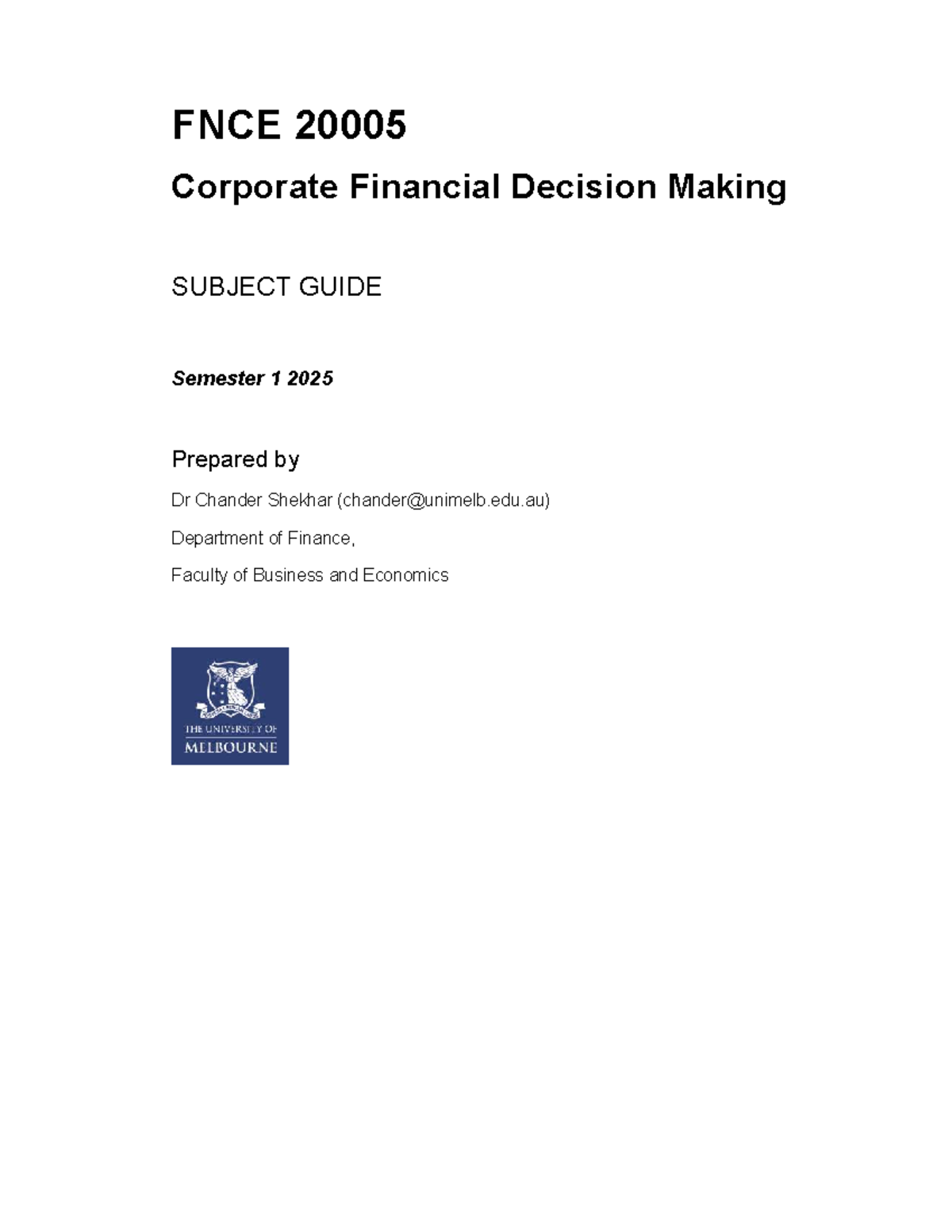 FNCE 2000 Corporate Financial Decision Making Subject Guide 2025 - Studocu
