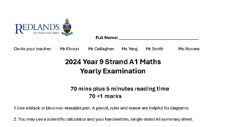 2024 Y9 A1 Maths Yearly Exam - Final Paper - Studocu