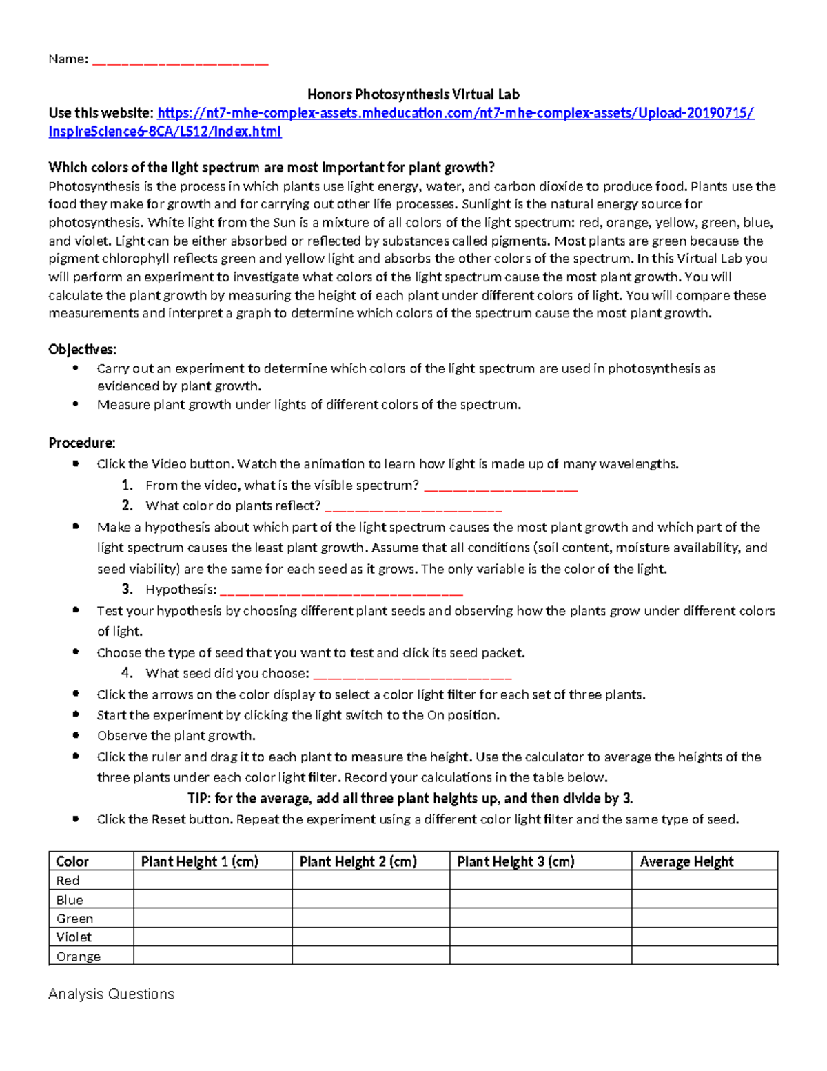 Honors Photosynthesis Virtual Lab - Name ...