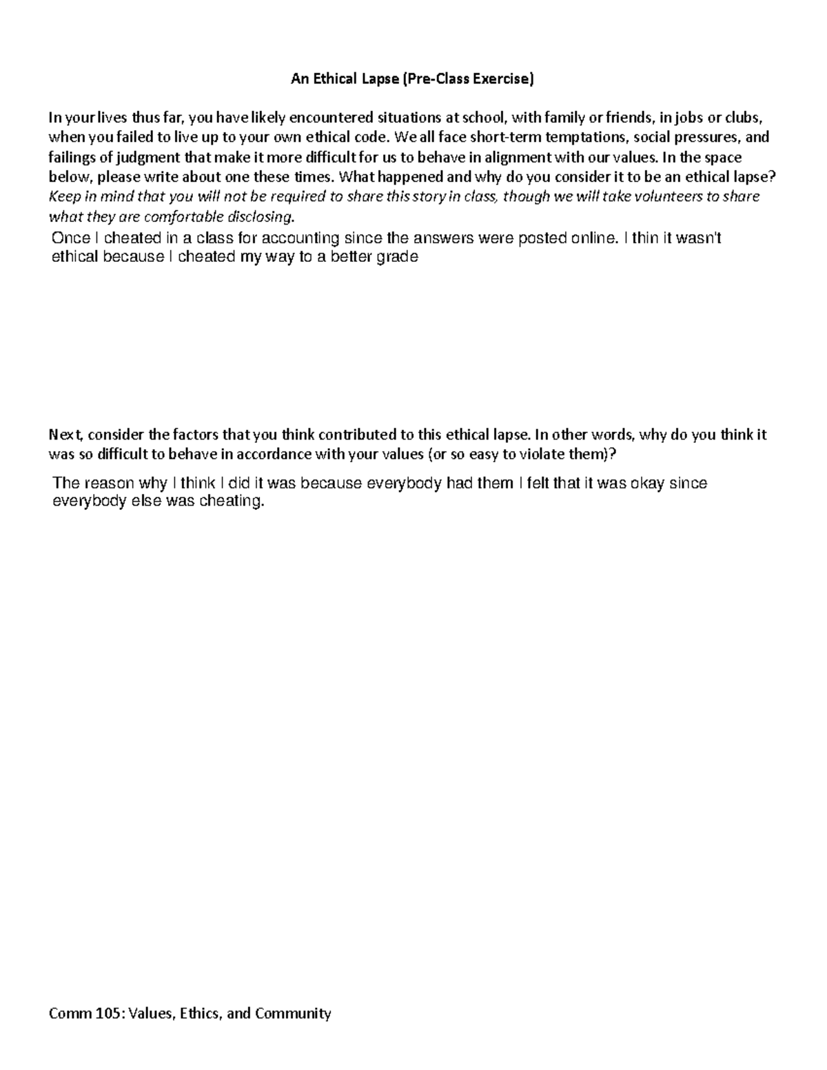 Comm 105: Class 6 - Ethical Lapse Reflection Exercise - Studocu