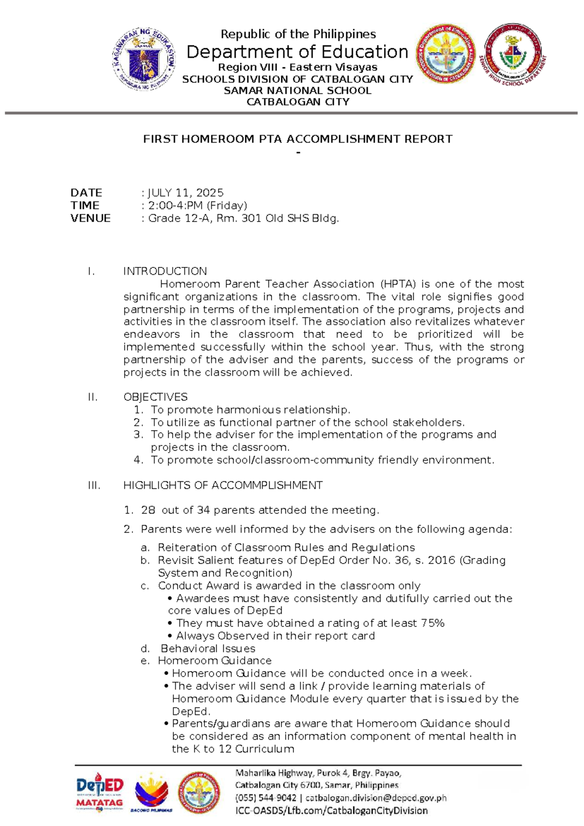 First HPTA Meeting Accomplishment Report - Grade Garnet 2025 - Studocu