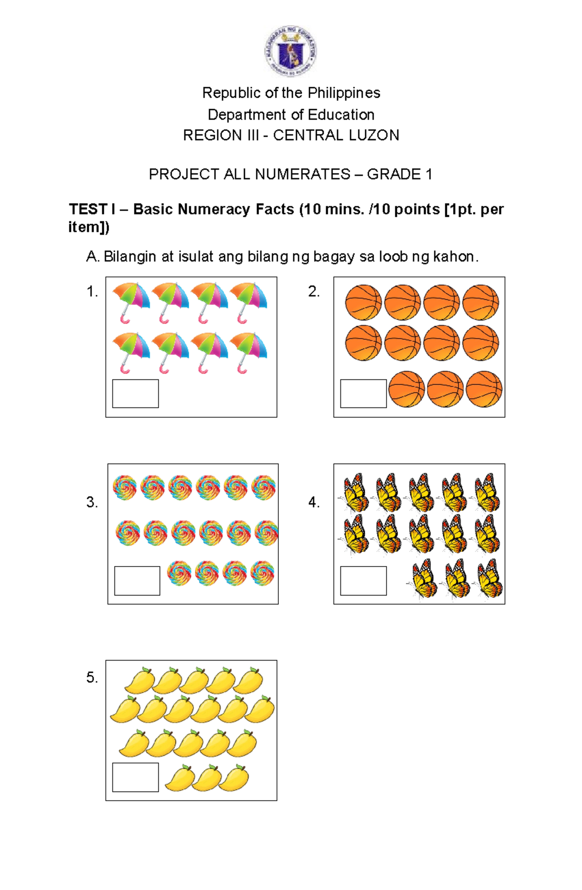 Grade 1 Assessment Tool: Basic Numeracy Test (Post Test) Tagalog - Studocu