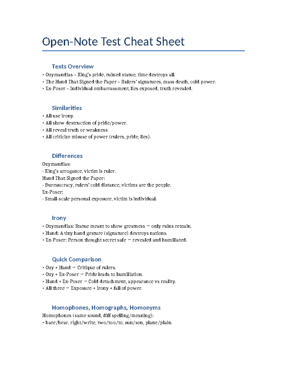 ENG 101: Open Note Cheat Sheet on Ozymandias & The Hand That Signed the ...
