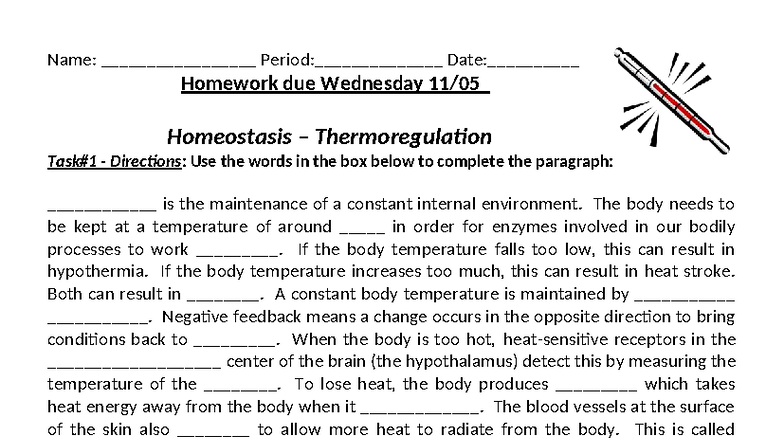 Thermoregulation Worksheet: Homeostasis Homework Due Wednesday - Studocu