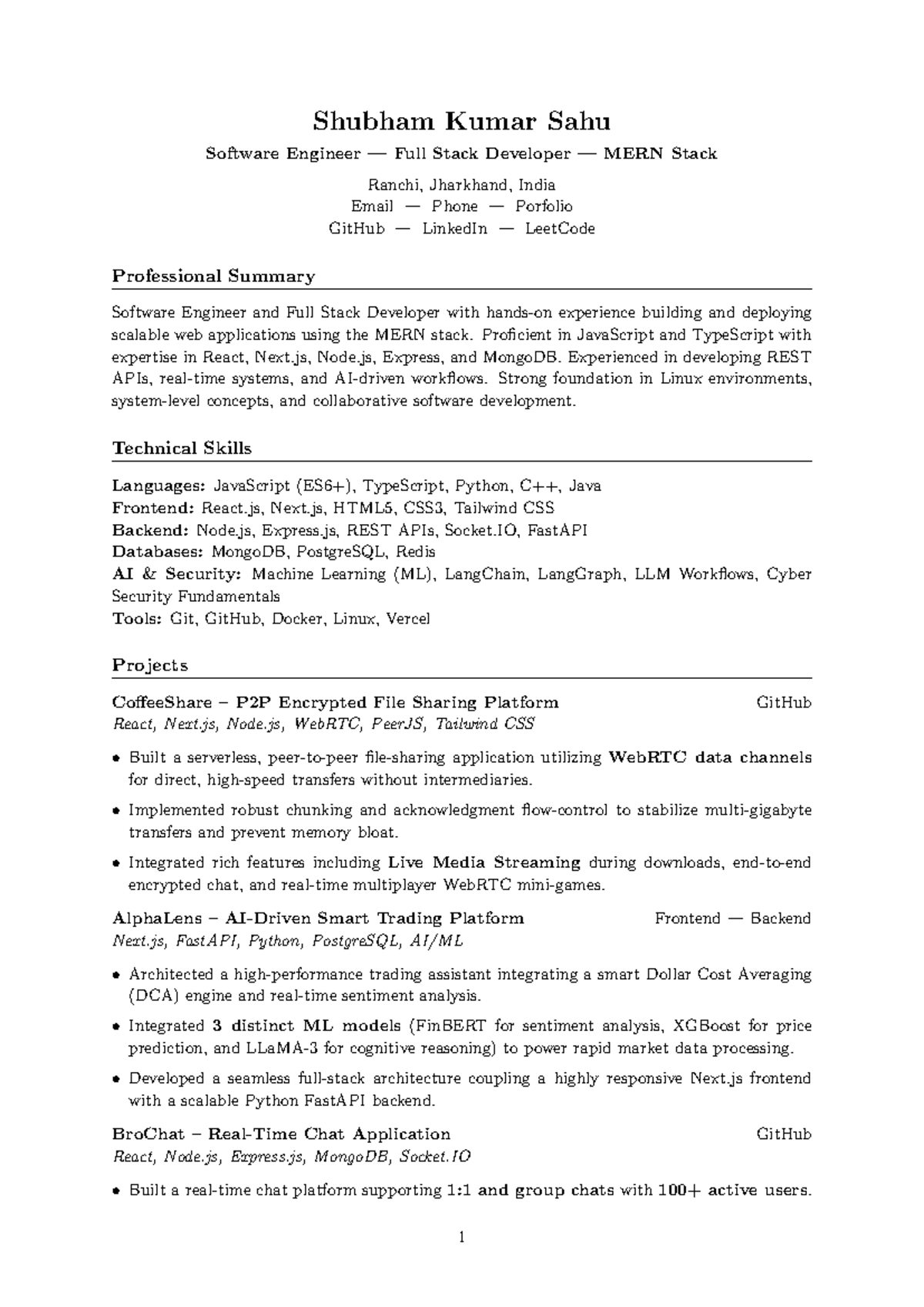 Resume - Shubham Kumar Sahu - Full Stack Developer (MERN) - Studocu