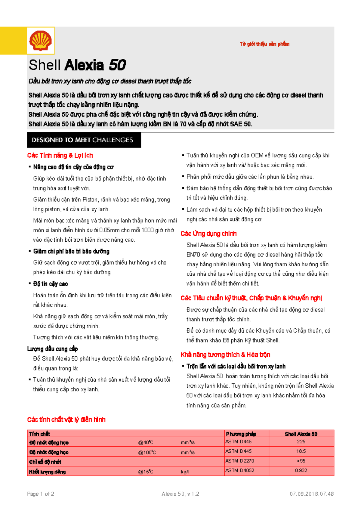 TDS Shell Alexia 50 VI - thông tin chung - Các tính chất vật lý điển ...