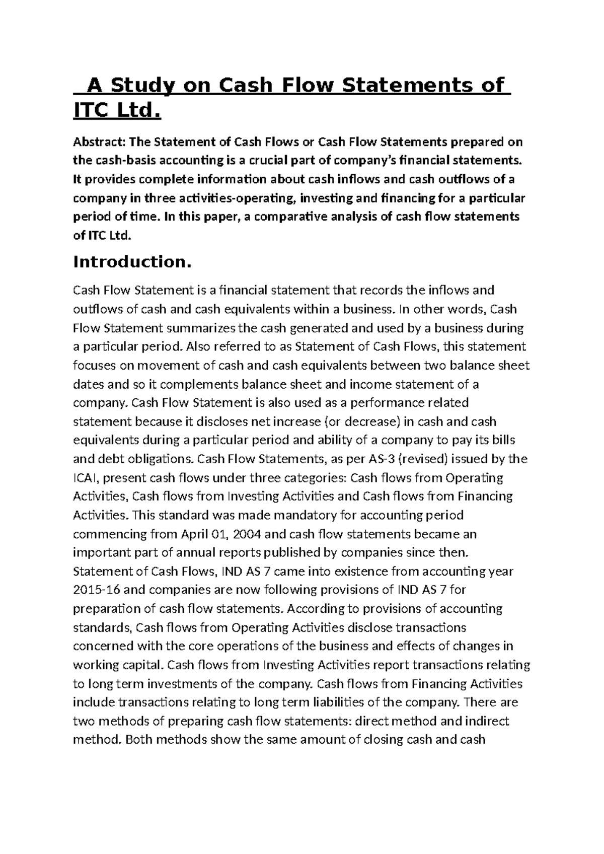 A Study on Cash Flow Statements of ITC Ltd - Abstract: The Statement of ...