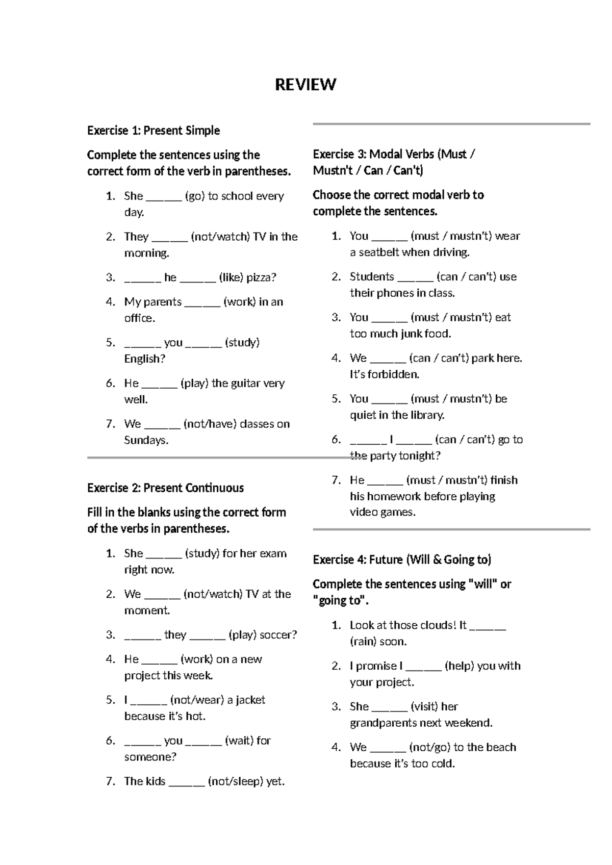 REVIEW: Present Simple, Continuous & Future Tenses Exercises - Studocu