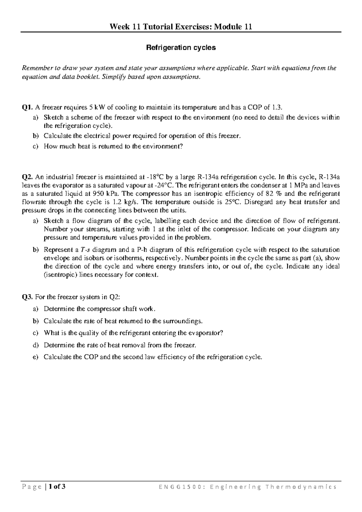 ENGG1500: Module 11 Refrigeration Cycles Tutorial Exercises S1 2025 ...