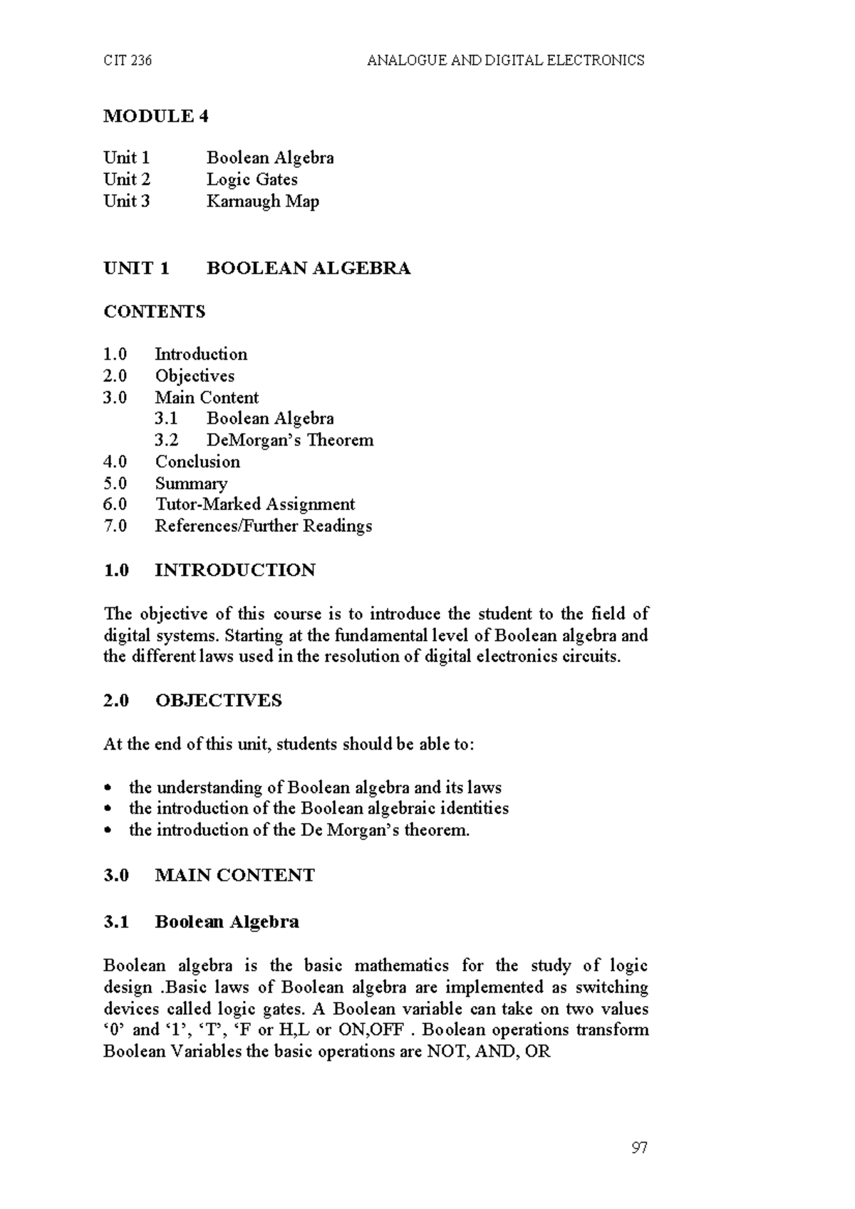 CIT 236 ANALOGUE AND DIGITAL ELECTRONICS: Boolean Algebra & Logic Gates ...