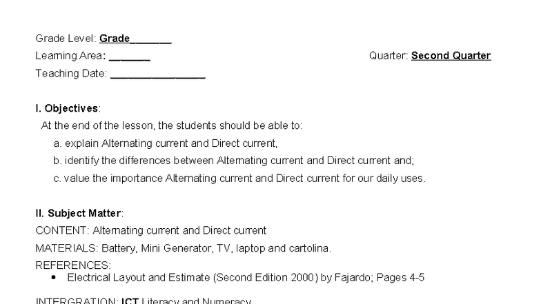 AC-DC Current - ELECTRICAL - Grade Level: Grade_______ Learning Area ...