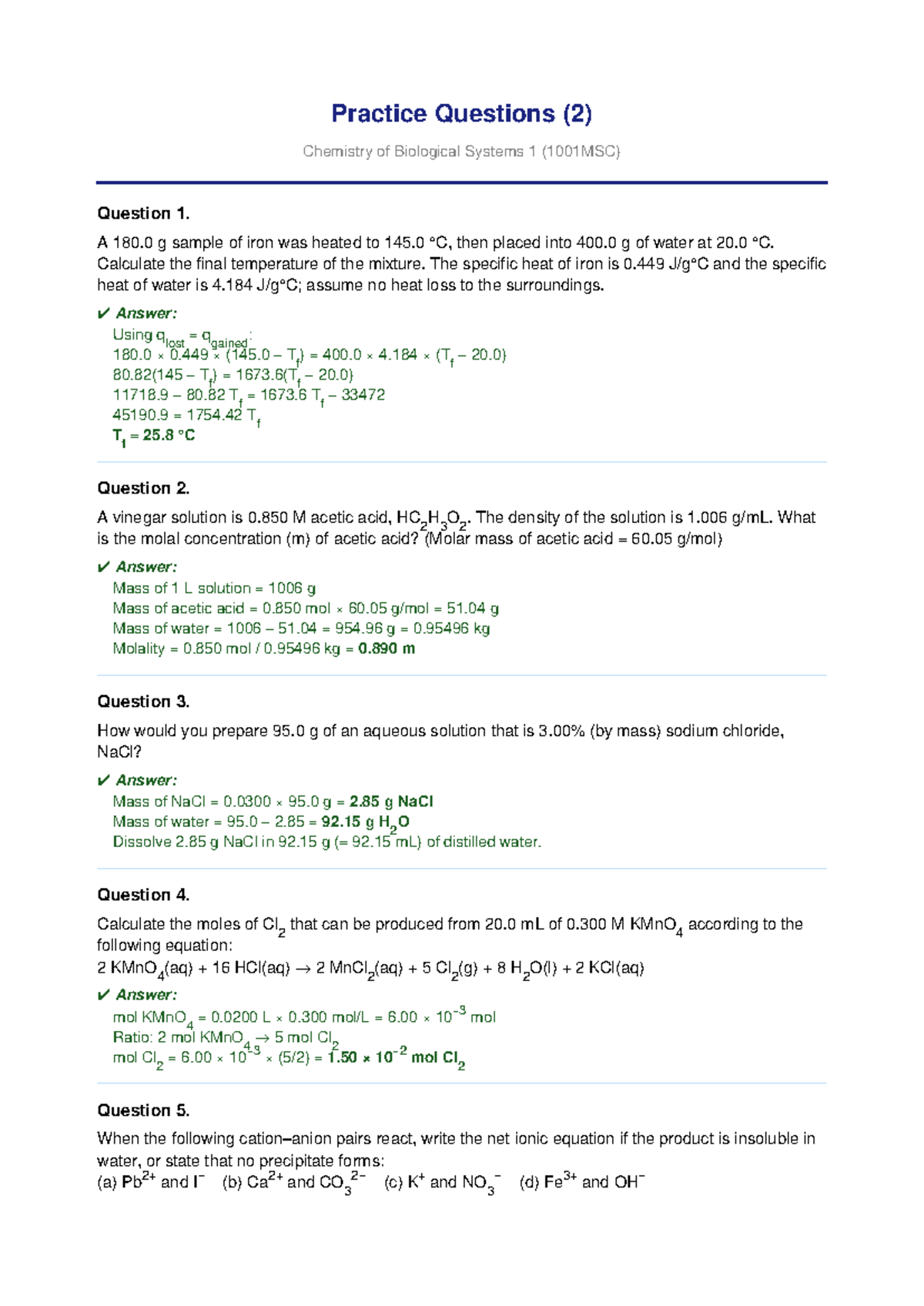 Practice Questions (2) Chemistry of Biological Systems 1 (1001MSC ...