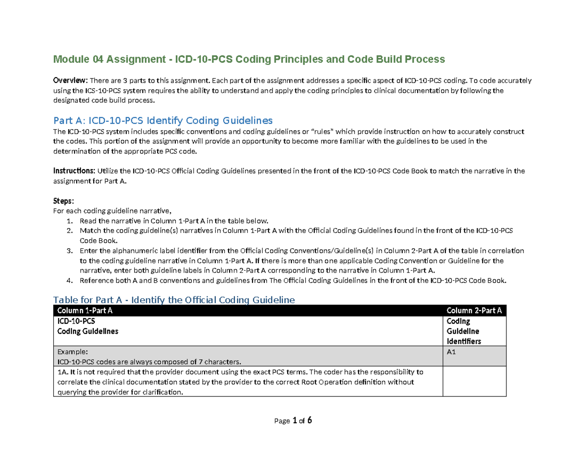 ICD-10-PCS Module 04 Assignment on Coding Principles & Process - Studocu